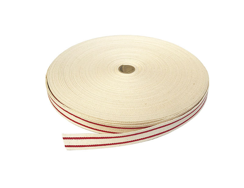 Rol 50m katoen band met rode streep. – zeildoekshop